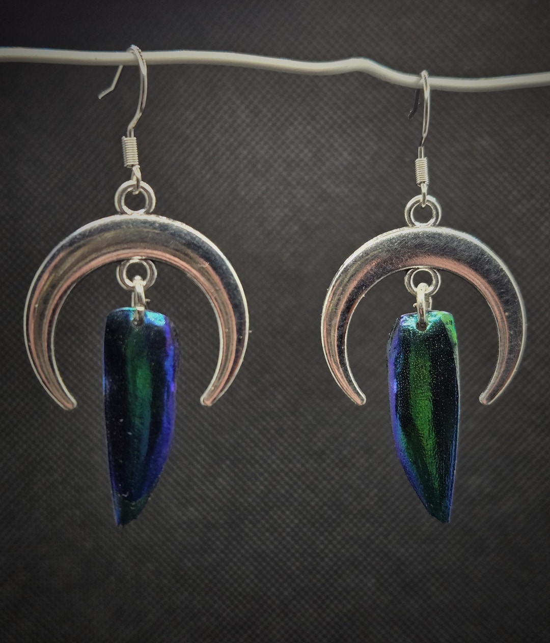 Real Jewel Beetle Elytra [wings] Under Silver Cresent Moon Earrings ...