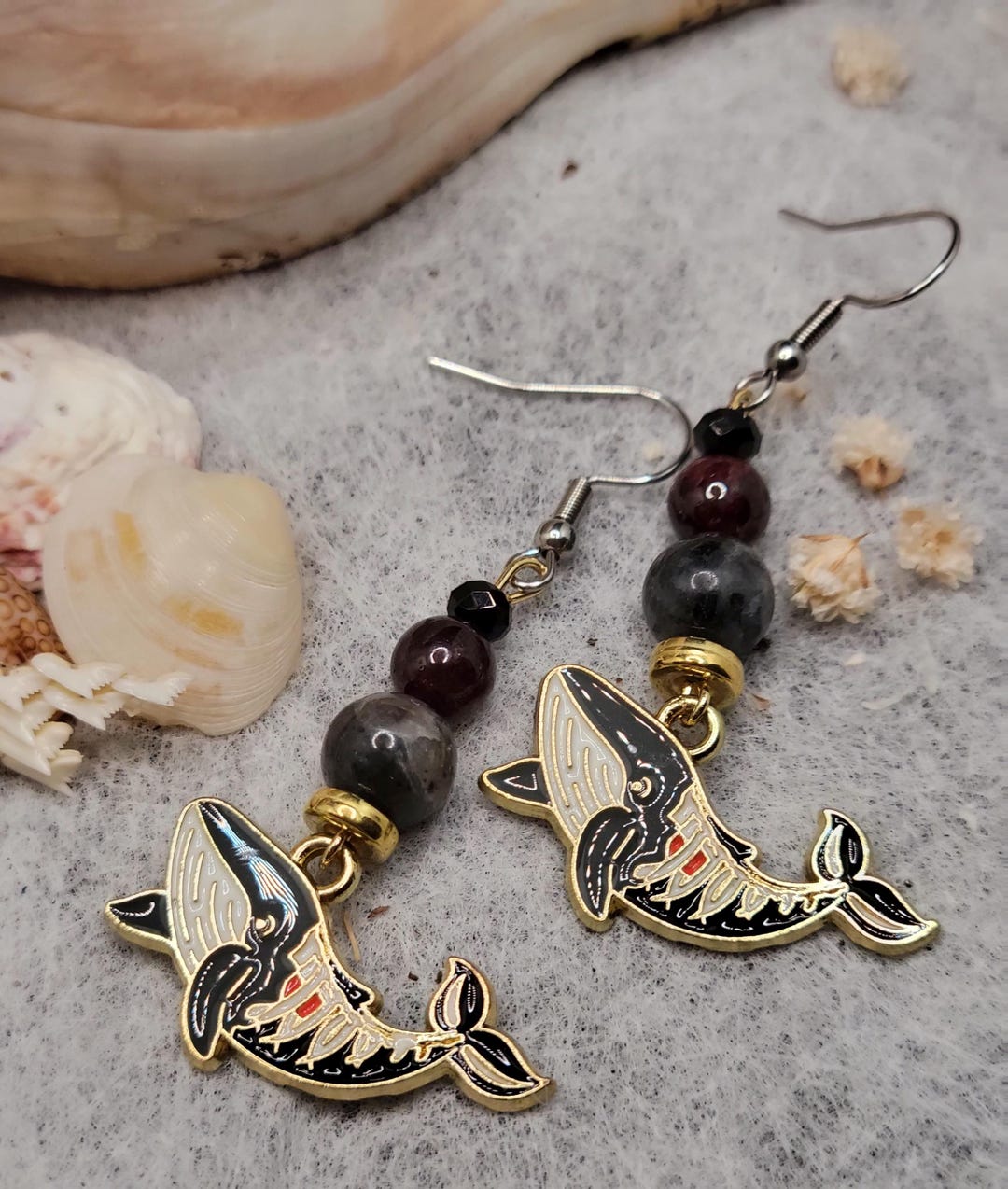 Whale Skeleton and Gemstone Earrings | Onyx Garnet Larkvite Crystals ...