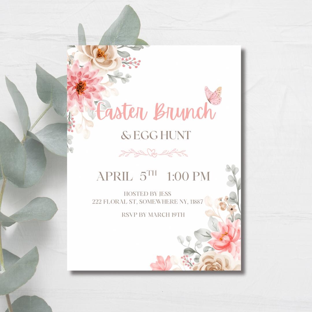 Floral Easter Brunch Invitation | Egg Hunt, Canva Template (digital ...