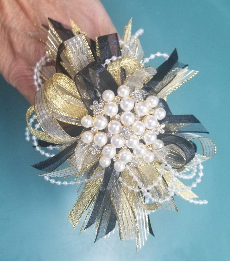 Black and Gold Pearl Brooch Wrist Corsage W041 - Etsy