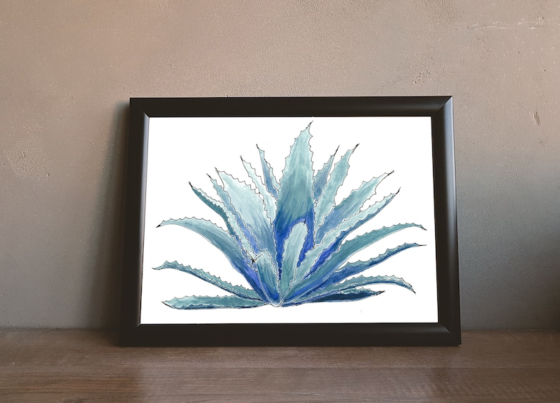 Watercolor & Ink Blue Agave Printable, Watercolor Art Print, Agave Art ...