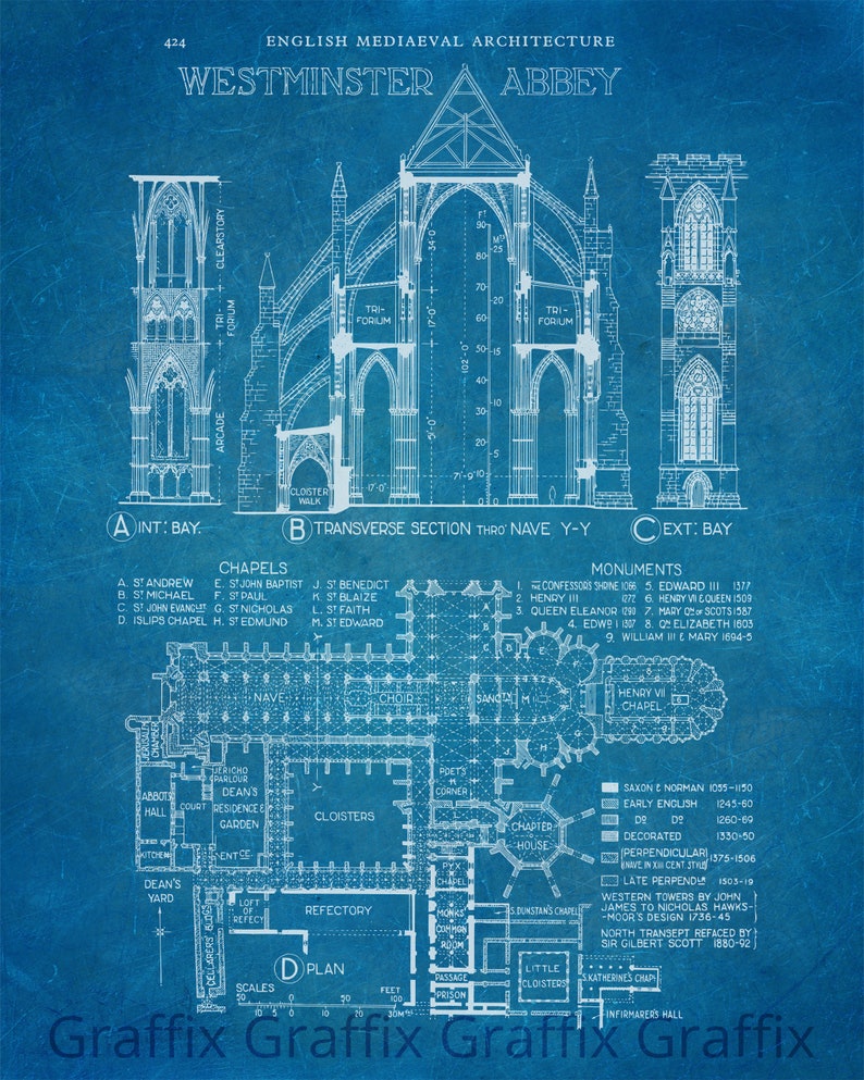INSTANT DOWNLOAD - Westminster Abbey Plans Blueprint, Church Print ...