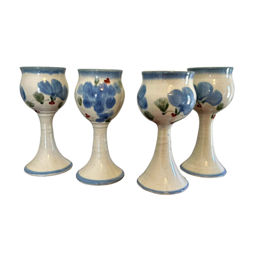 Set of 4 Vintage MV Studio Art Pottery Goblets Chalices off White With ...