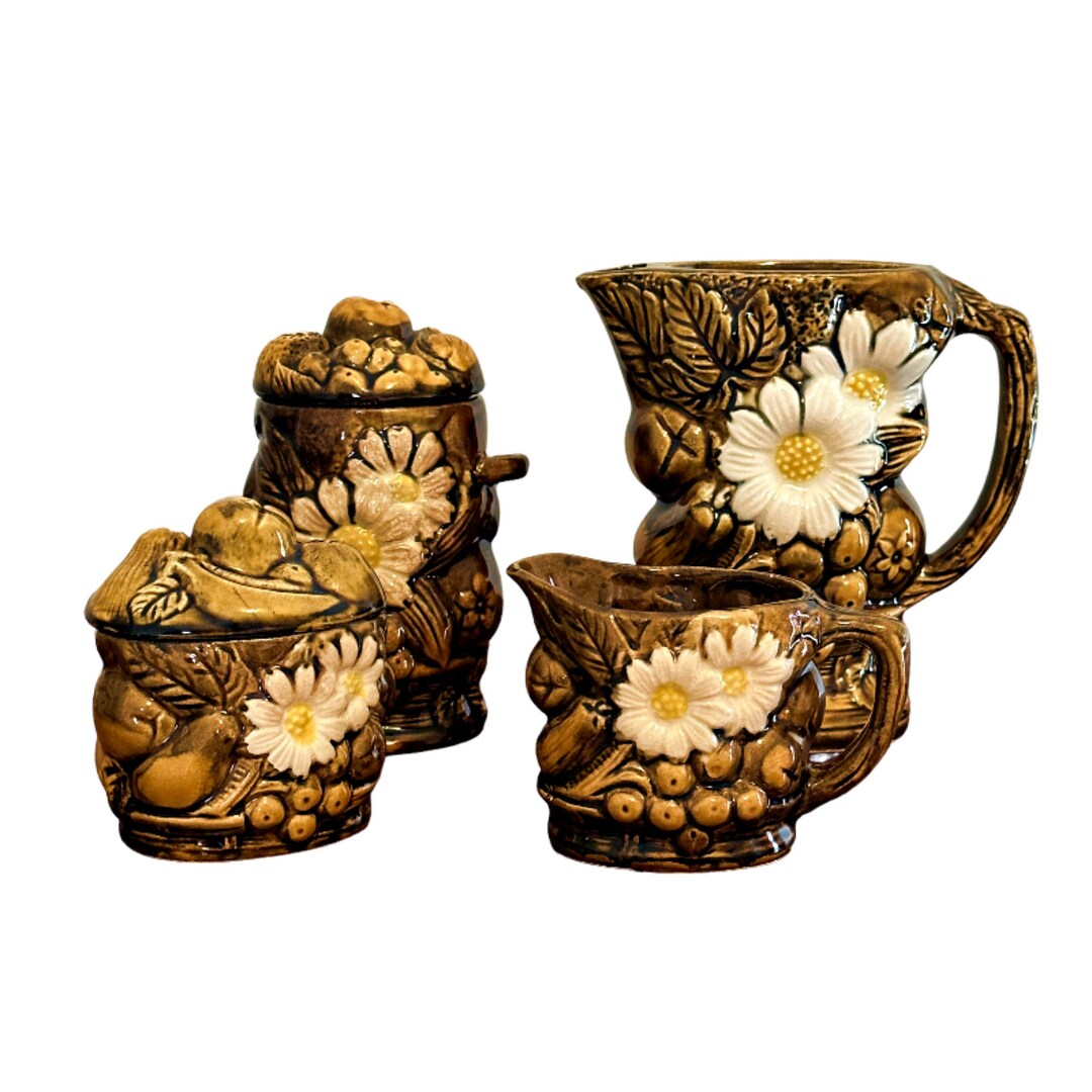 Vintage Made in Japan BOHO Tea Pitcher Set Embossed 3D Fruit & White ...