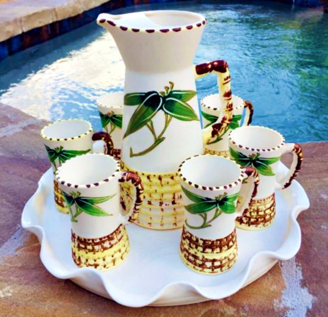 Vintage Pitcher and Mug Cup Platter Set Ceramic Art Pottery - Etsy