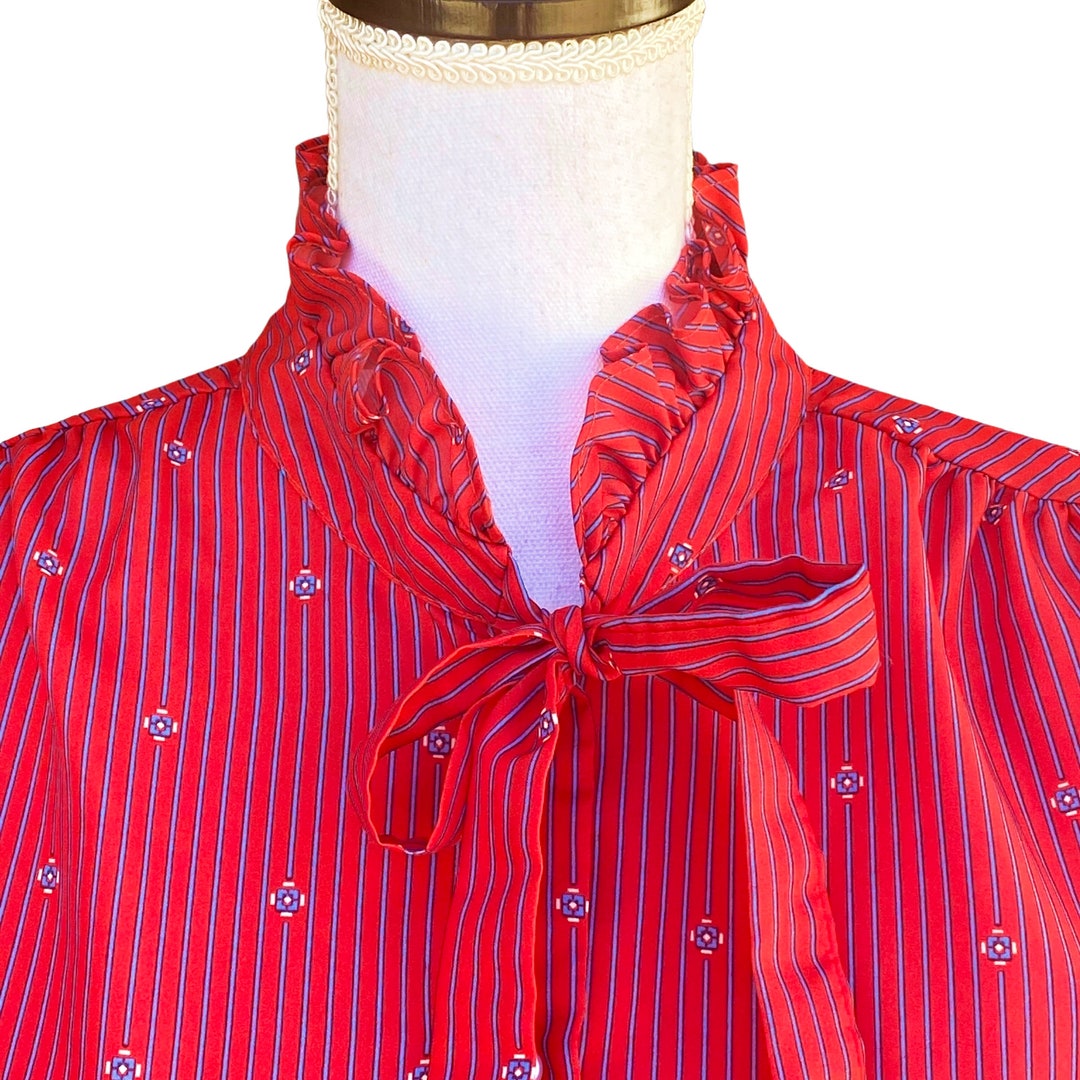 Vintage Lucky Winner Blouse Shirt Size 42 16-18 Red With Blue Button up ...