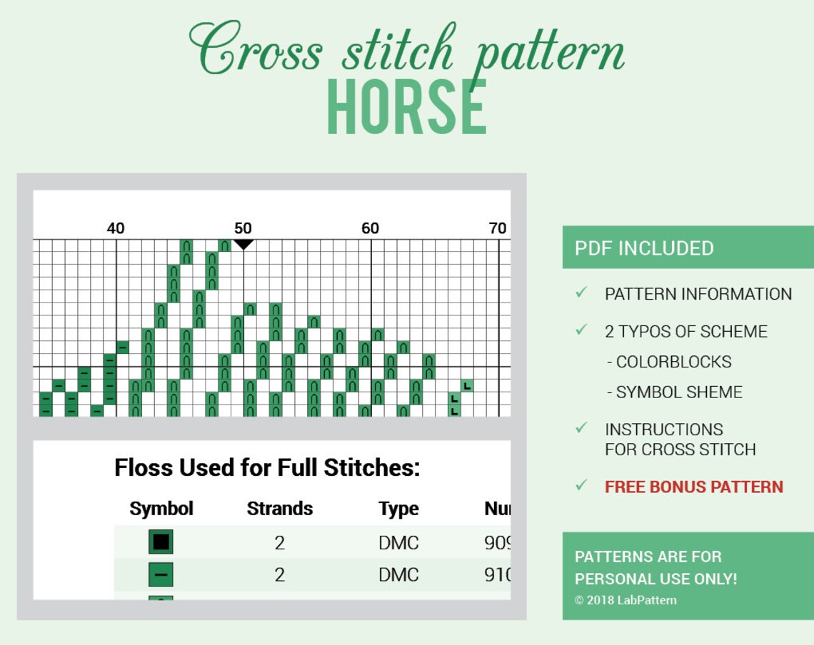 Horse Cross Stitch Pattern Green Gradient Animal Cross Stitch - Etsy