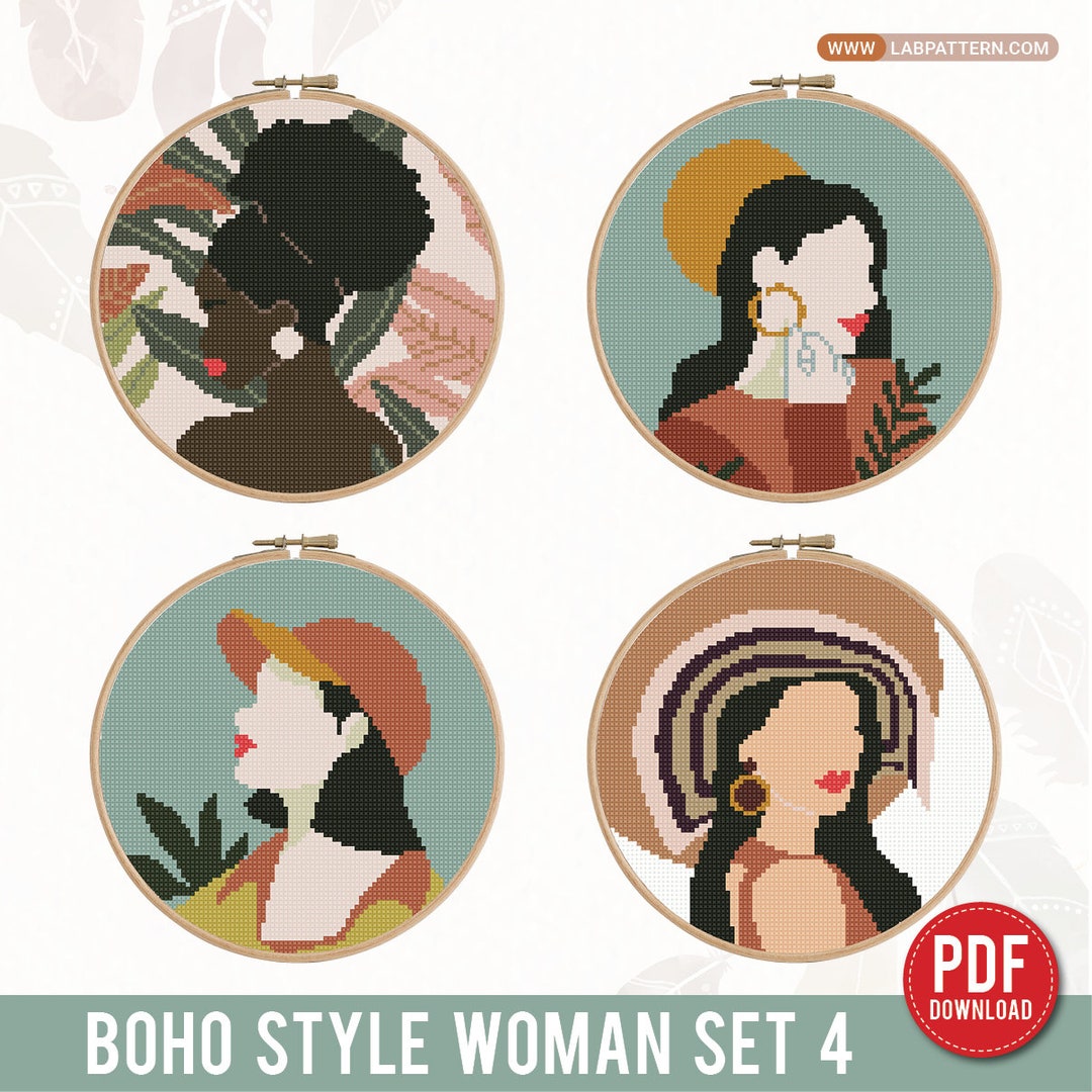 Bundle of 4 Woman Boho Style Cross Stitch Pattern Floral Nature Girl ...
