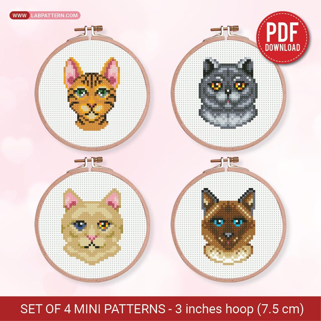 Bundle of 4 Mini Breed Cat Cross Stitch Pattern, Kitten, Animals ...