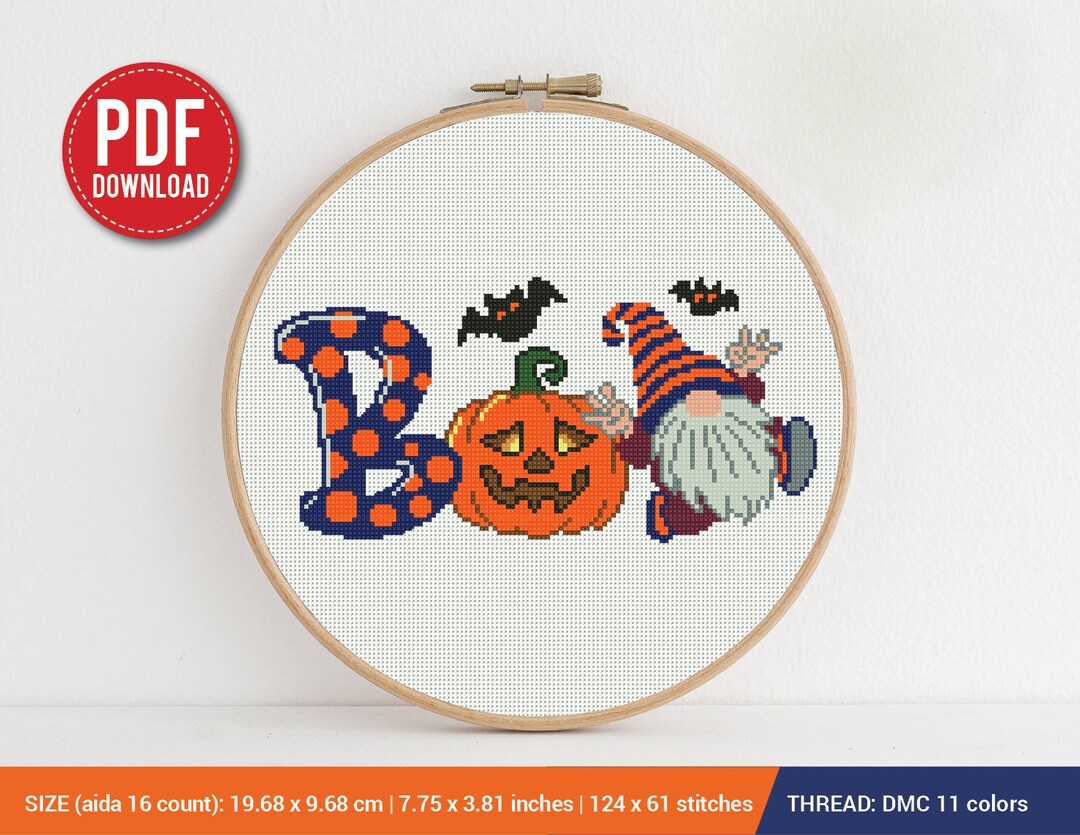 Gnome Boo Halloween Cross Stitch Pattern | Embroidery Design (PDF ...
