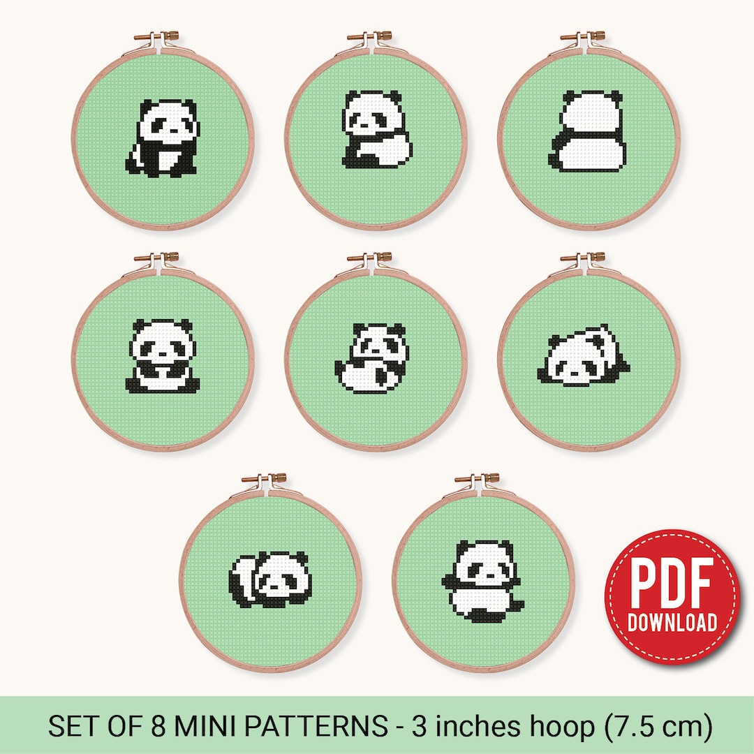 Bundle of 8 Mini Cute Pandas Cross Stitch Patterns Contemporary Panda ...