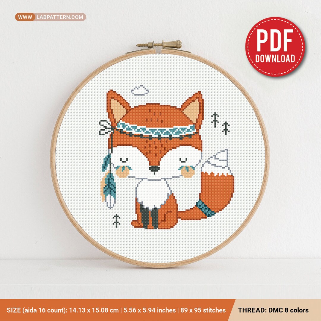 Fox Boho Style Aesthetic Mini Cross Stitch Pattern, Baby, Animal, Boy ...