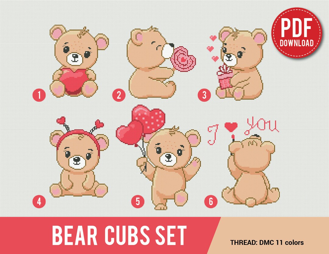 Bear Cub Set 6 Cross Stitch Pattern Embroidery Pattern - Etsy