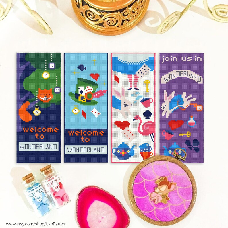 Alice in Wonderland 4 Bookmarks Set Cross Stitch Pattern - Etsy