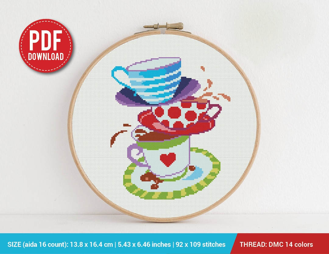 Stacked Tea Cups Kitchen Cross Stitch Pattern | Embroidery Pattern ...