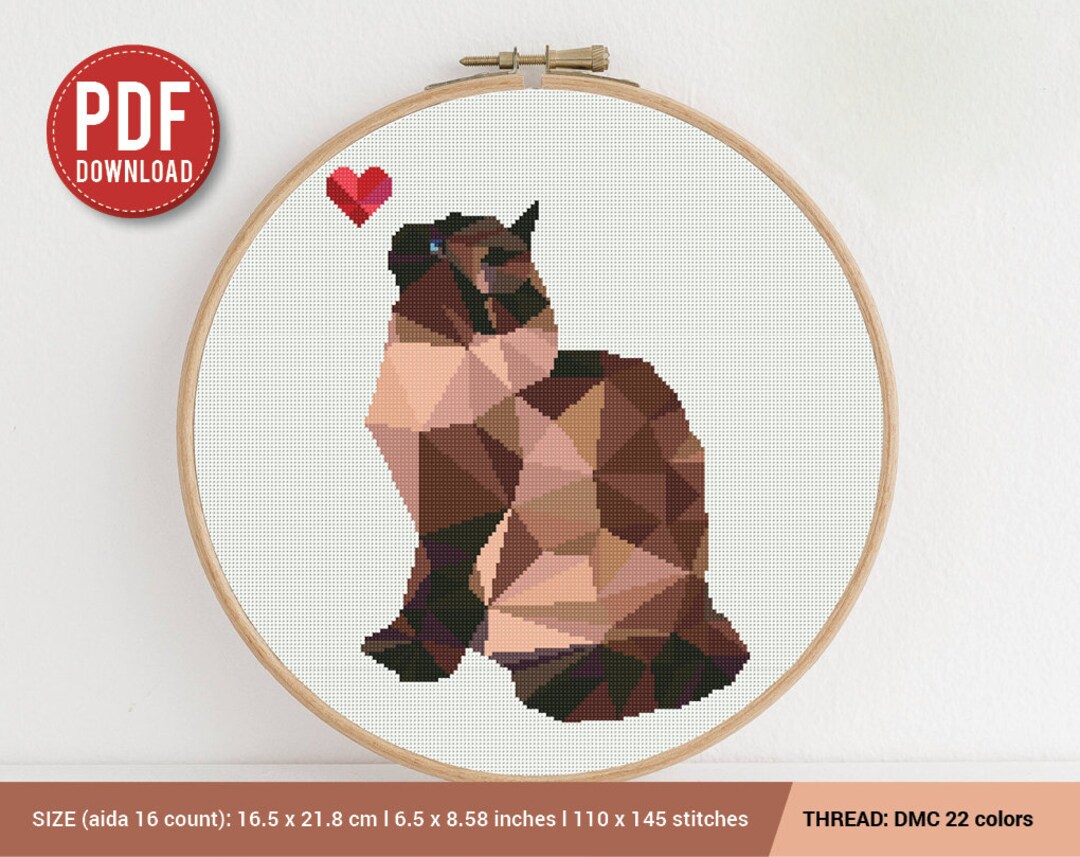 Polygonal Cat Heart Cross Stitch Pattern | Geometric Embroidery (PDF ...