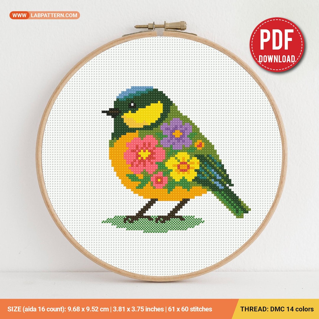 Floral Songbird Cross Stitch Pattern - Spring Flower Embroidery (PDF ...