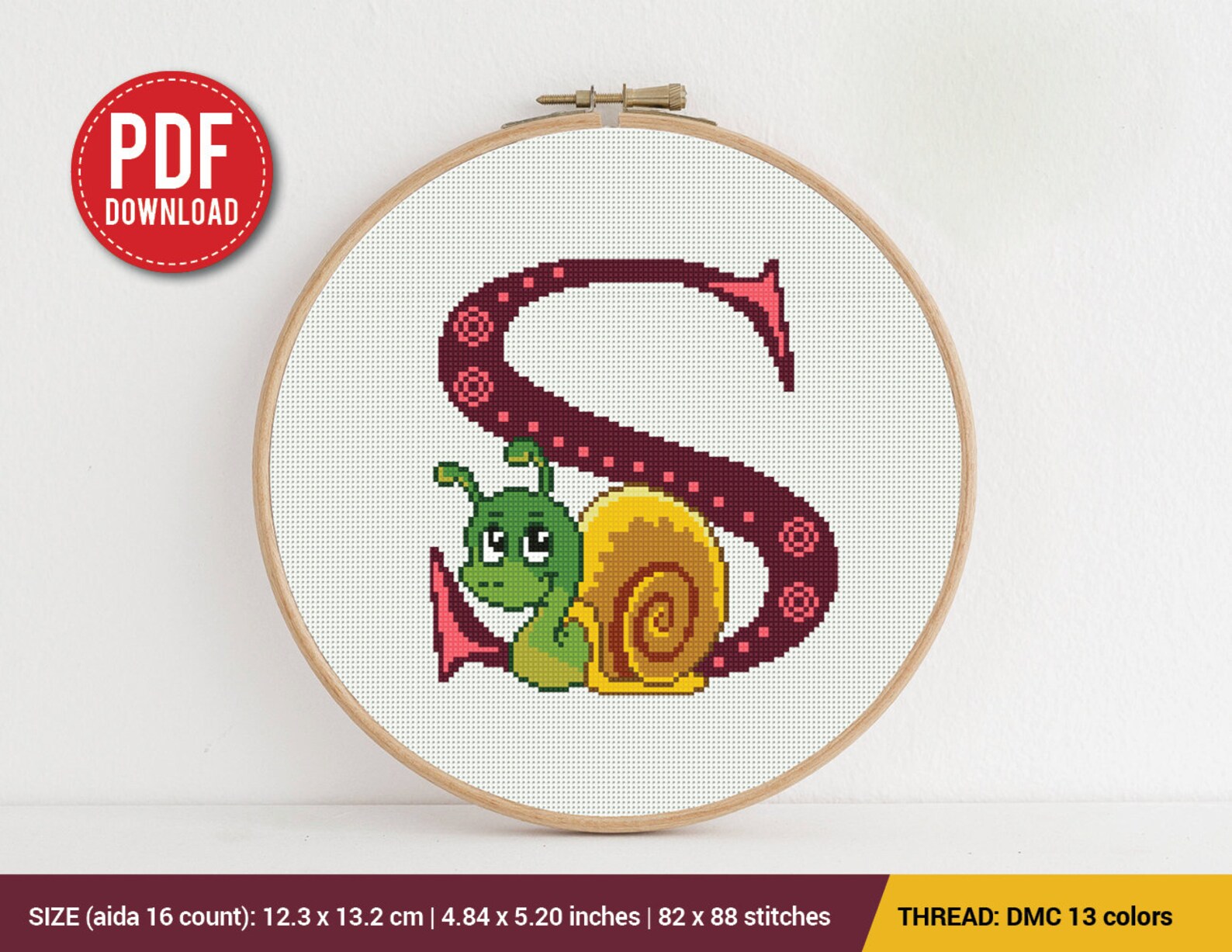 Letter S Snail ABC Cross Stitch Pattern Embroidery Pattern | Etsy
