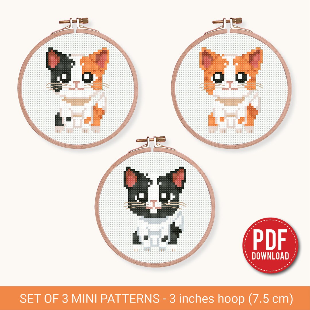 Bundle of 3 Mini Cute Kitten Cross Stitch Patterns Contemporary Cats ...