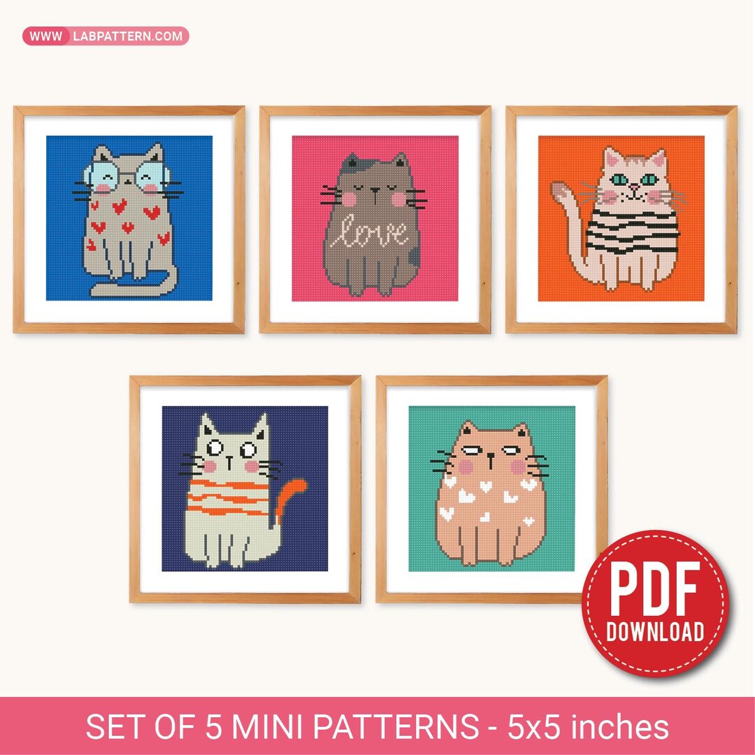 Bundle Cat 5 Cross Stitch Patterns, Contemporary, Pet, Animal, Abstract ...