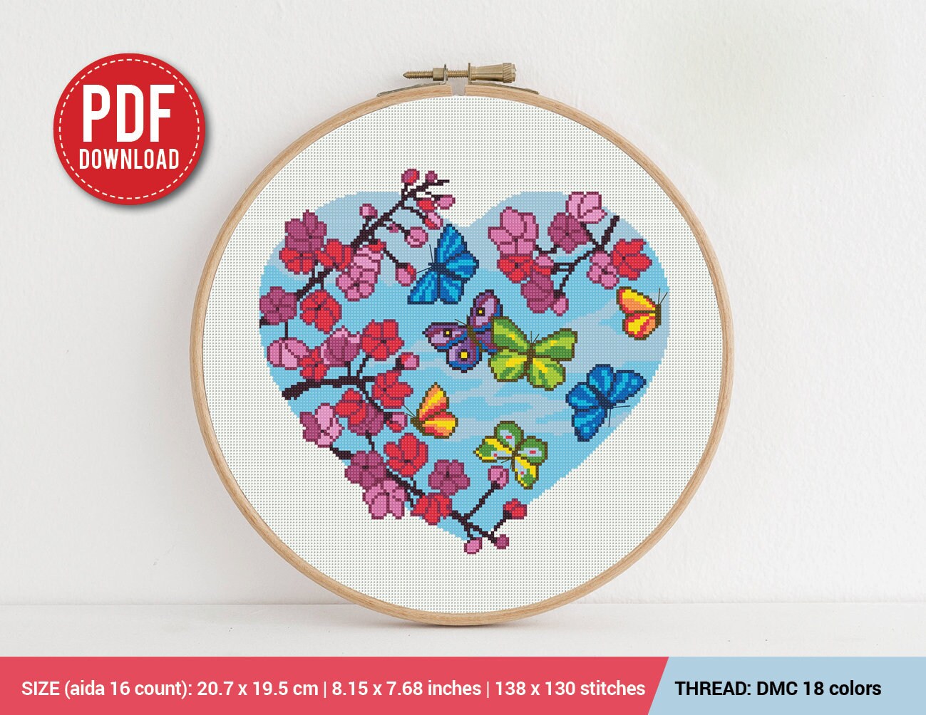 Spring Heart Butterfly Cross Stitch Pattern | Floral Embroidery (PDF ...
