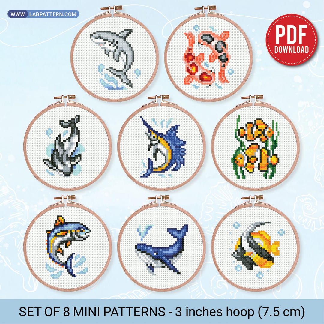 Bundle Mini Fishes 8 Cross Stitch Patterns, Contemporary, Abstract, 3 ...