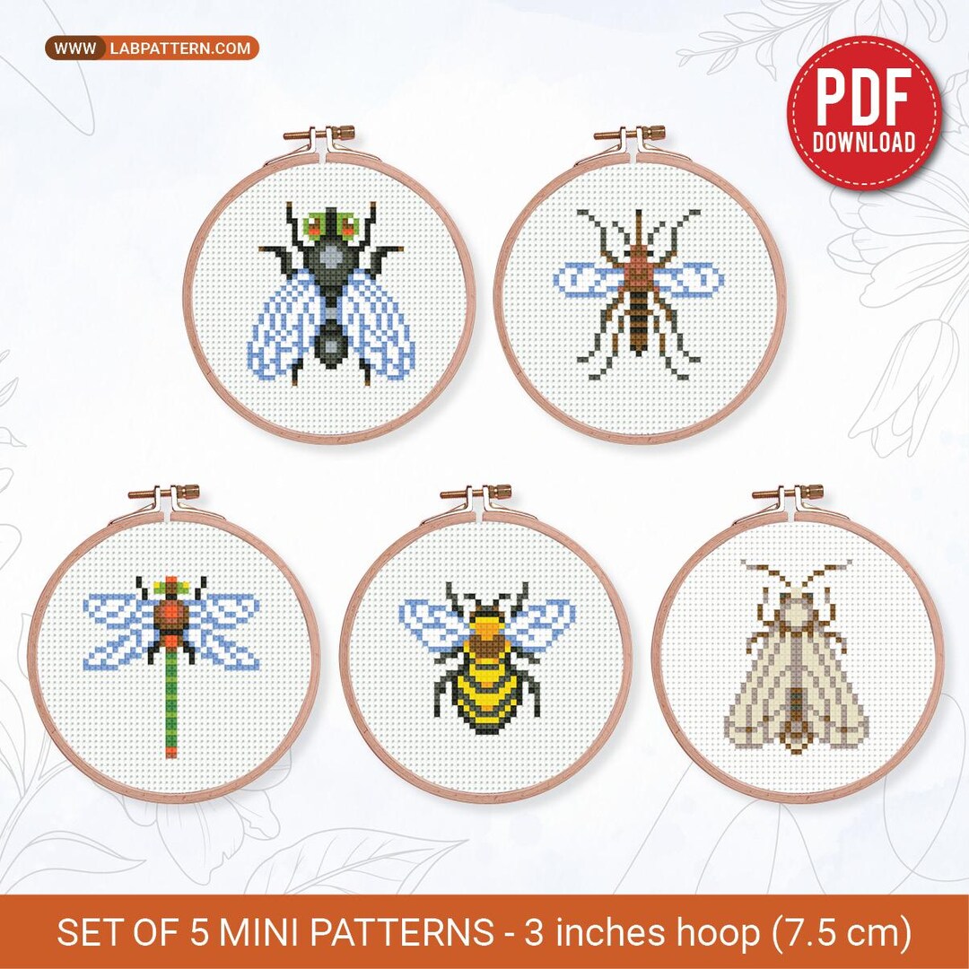 Bundle Mini Insects 5 Cross Stitch Patterns, Contemporary, 3 Inches ...