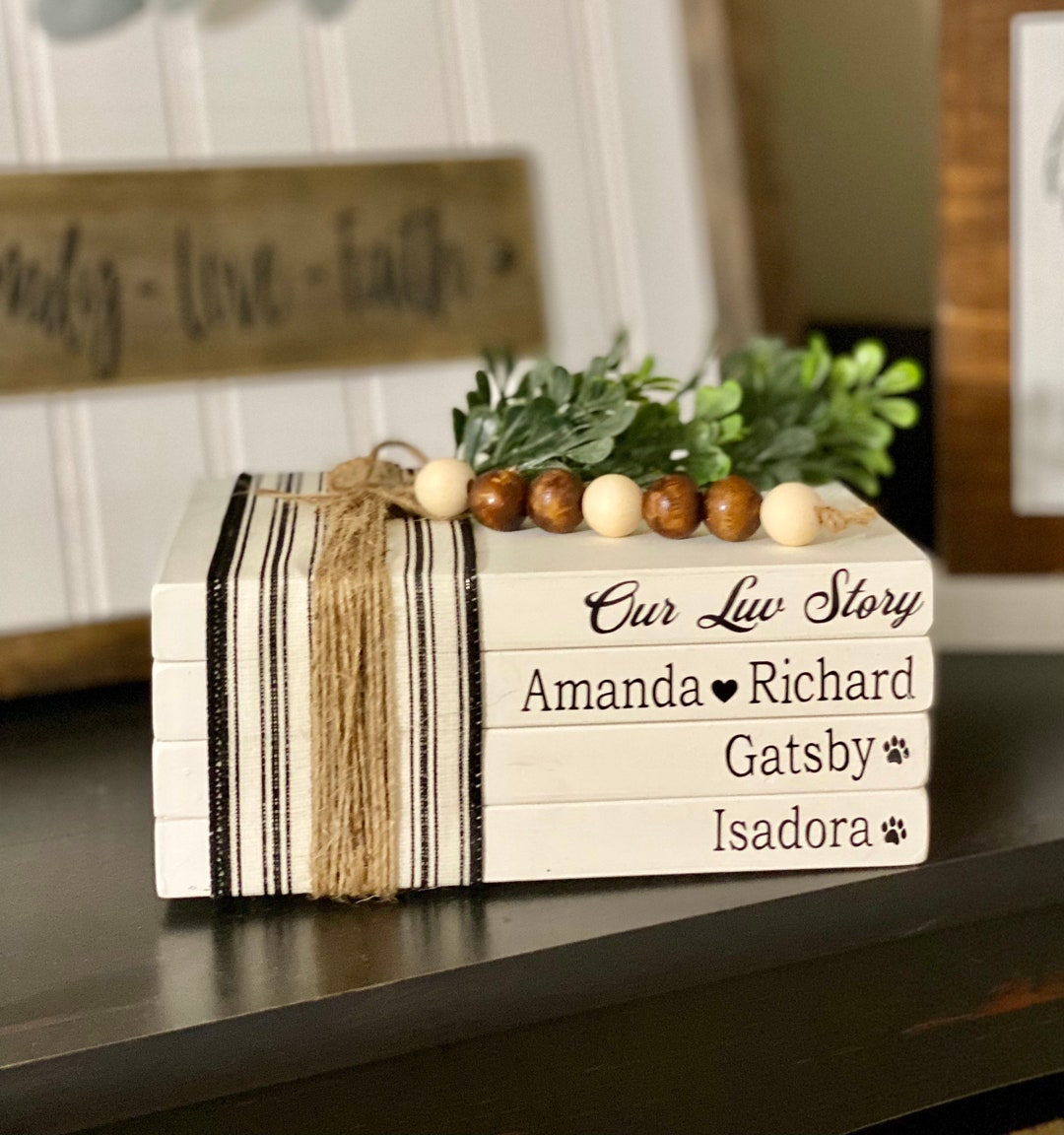 Personalized Family Book Stack, Wood Book Stack, Personalized Book ...