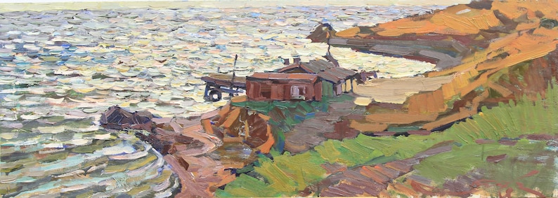 Original Oil Painting Seascape Seashore Pier Ukrainian Artist Vladimir ...