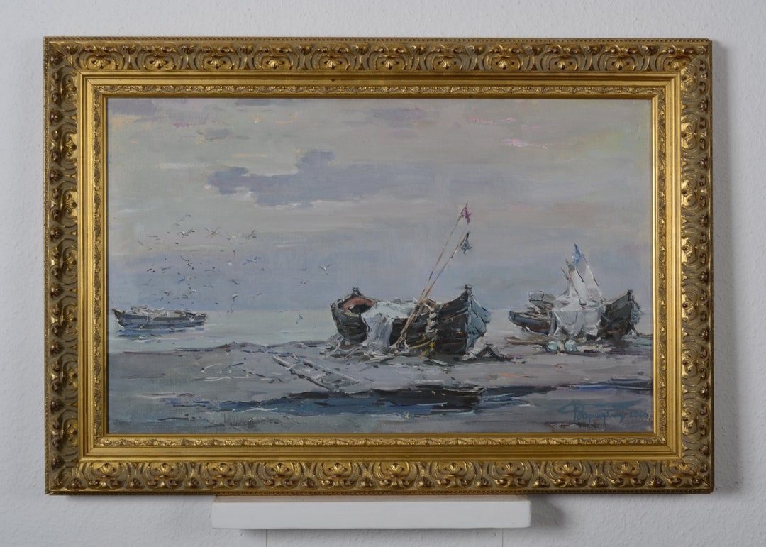 Boats at Sea, Longboats on the Shore, Seagulls Above the Longboats, Oil ...