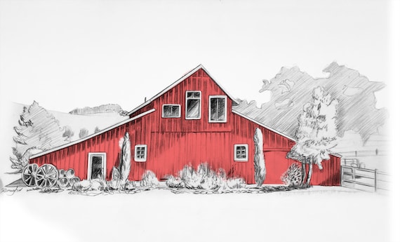 Country Barn Drawing Artwork Ranch Decoration | Etsy