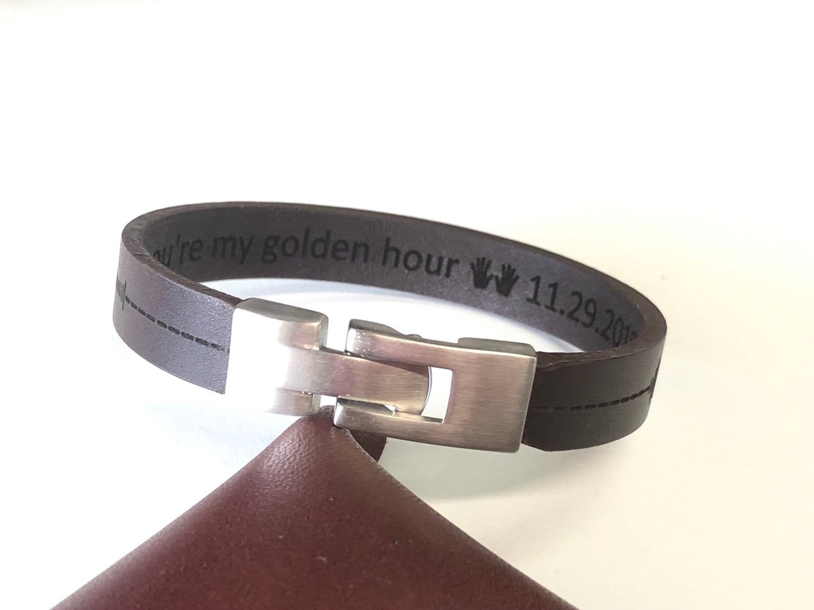 Double-sided Engraved Sound Wave Leather Bracelet Men Leather Bracelet ...