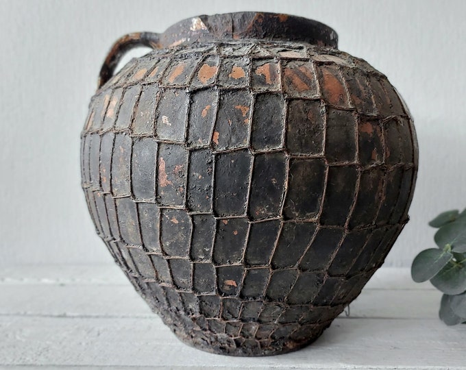 Antique Dusty Brown Ceramic Pot Braided With Wire. Wabi Sabi Rare Old ...