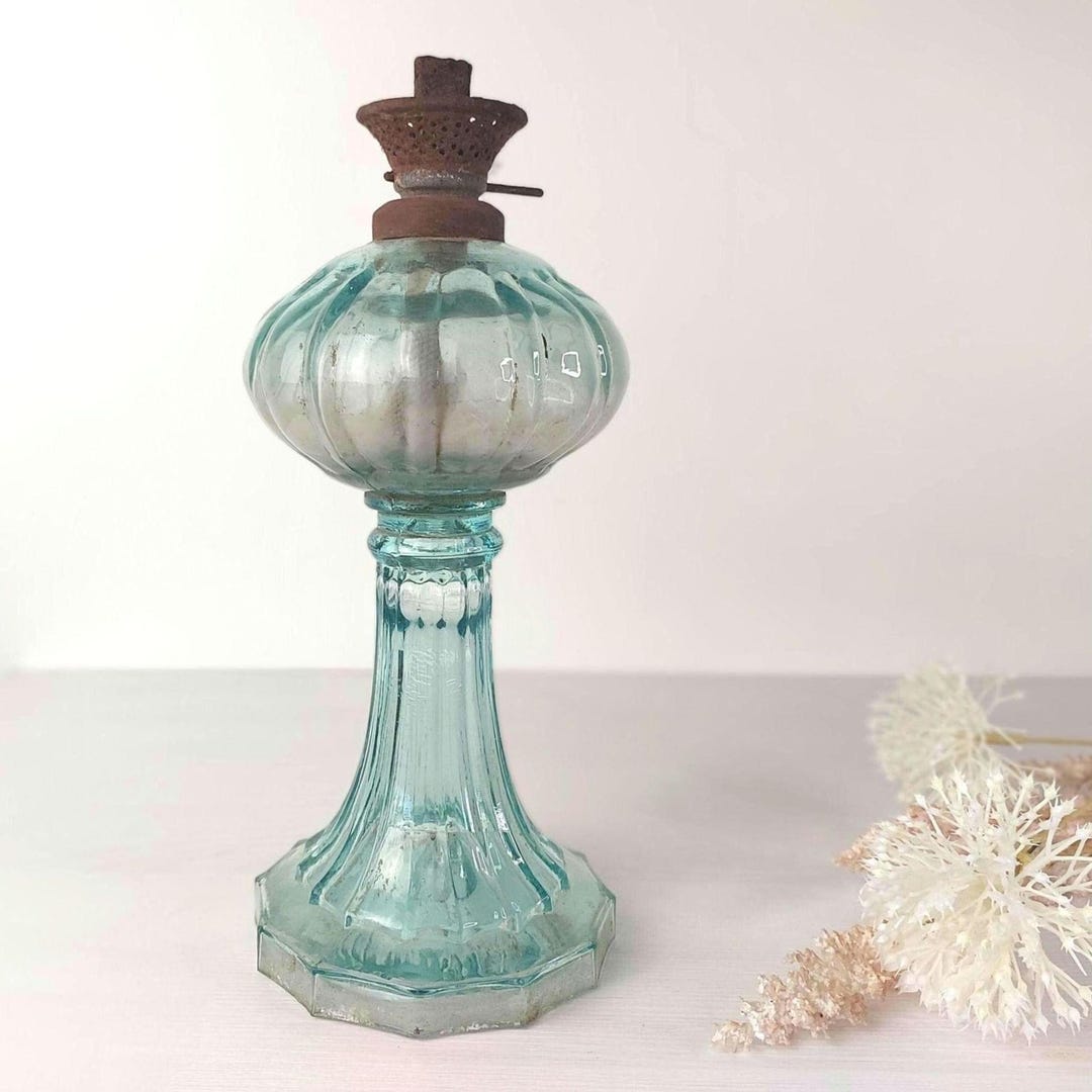 Antique Blue Cut Glass Gas Lamp: Vintage Home Decor Piece - Etsy