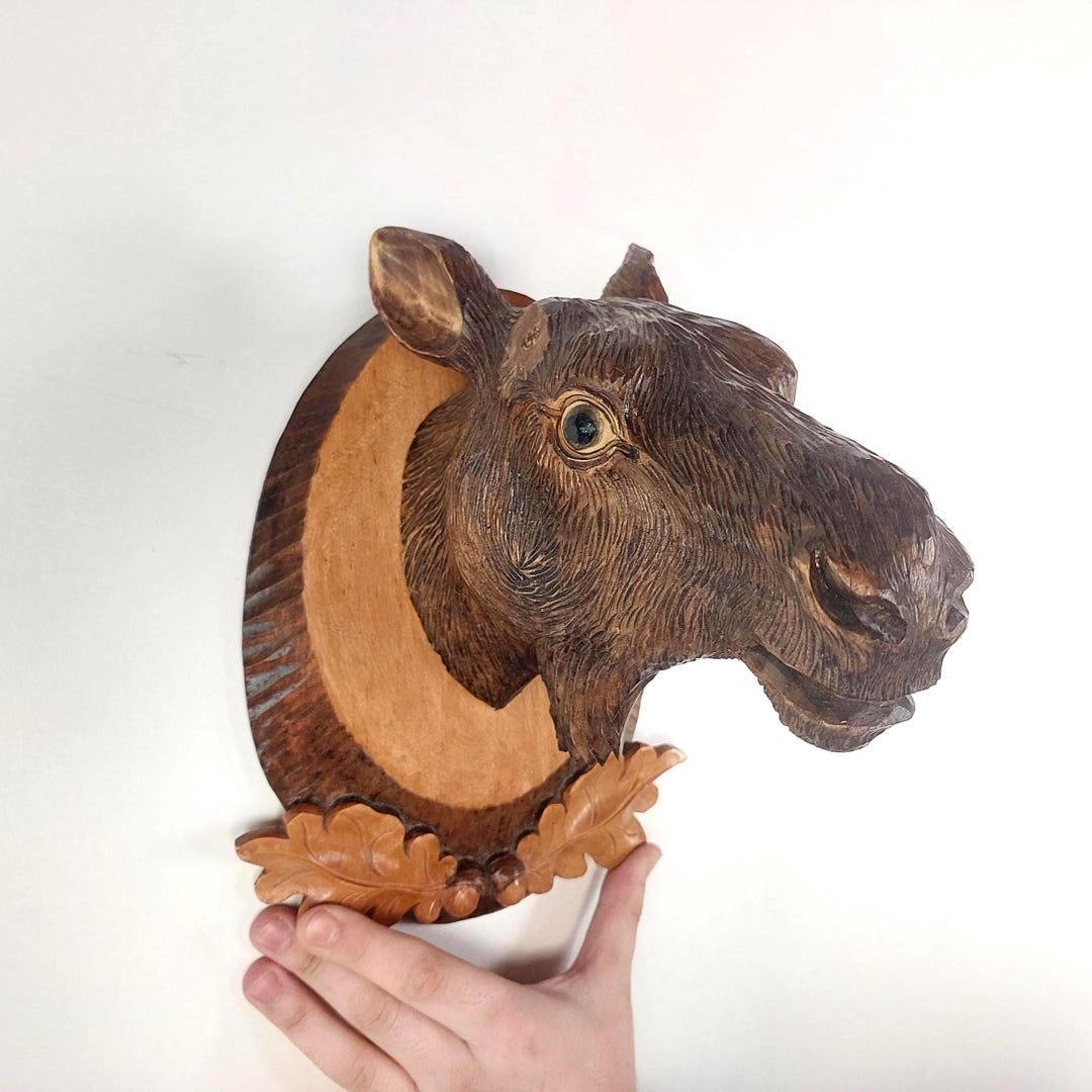 Vintage Carved Moose Head Wall Mount, Rustic Handcrafted Wildlife Decor ...