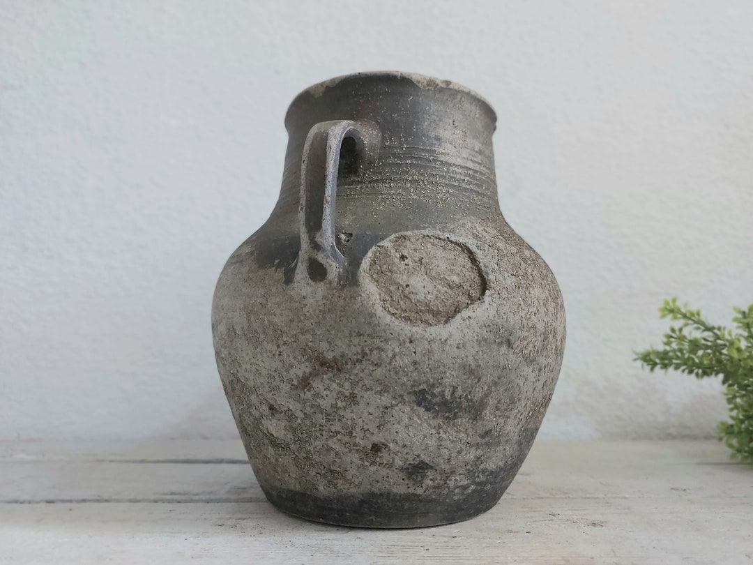 Vintage Gray Clay Jug. Wabi Sabi Rustic Pottery Vase, Primitive ...
