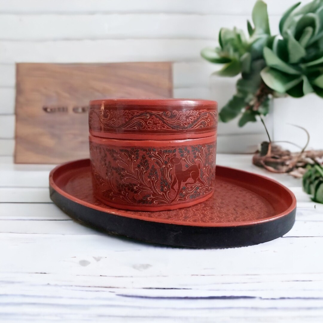 Vintage Wooden Red Round Box With Tray. - Etsy
