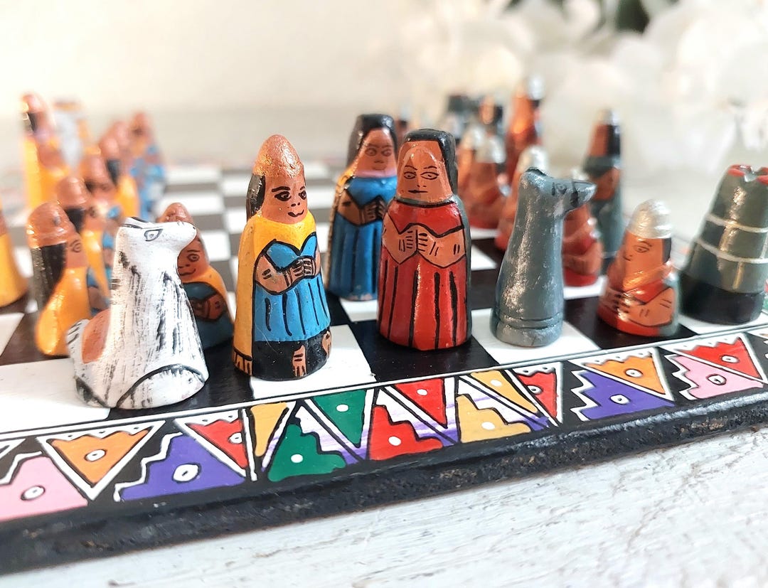 Rare Ceramic Colored Chess Set. Vintage Game Set Discovery of America ...