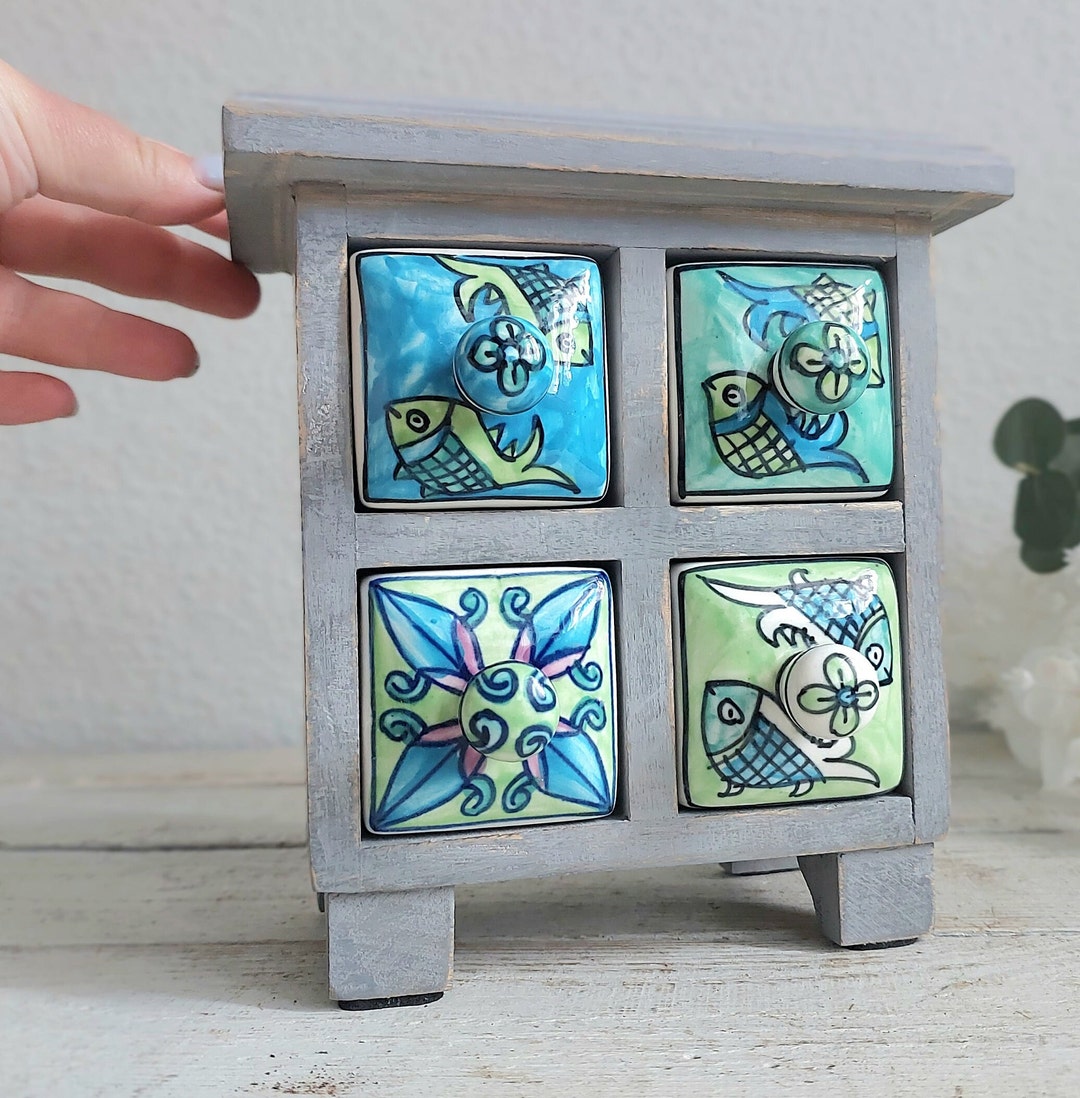 Small Wood Chest of Drawers. Colorful Painted Ceramic Drawers. Jewelry ...