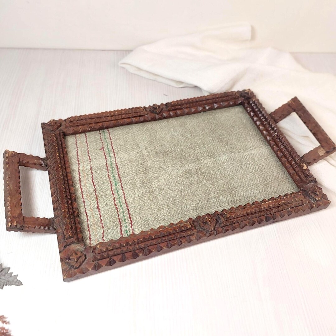 Antique Wooden Tray Tramp Art Style, Trays - Frame With Glass. Carved ...