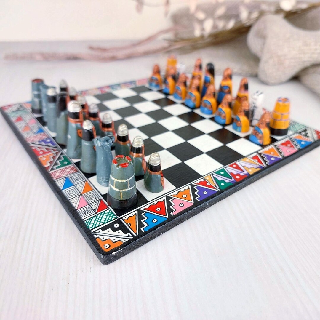 Rare Ceramic Colored Chess Set. Vintage Game Set Discovery of America ...