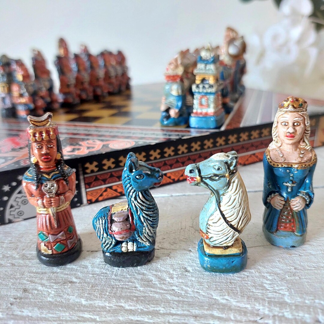 Rare Ceramic Colored Chess Set. Vintage Game Set Discovery of America ...
