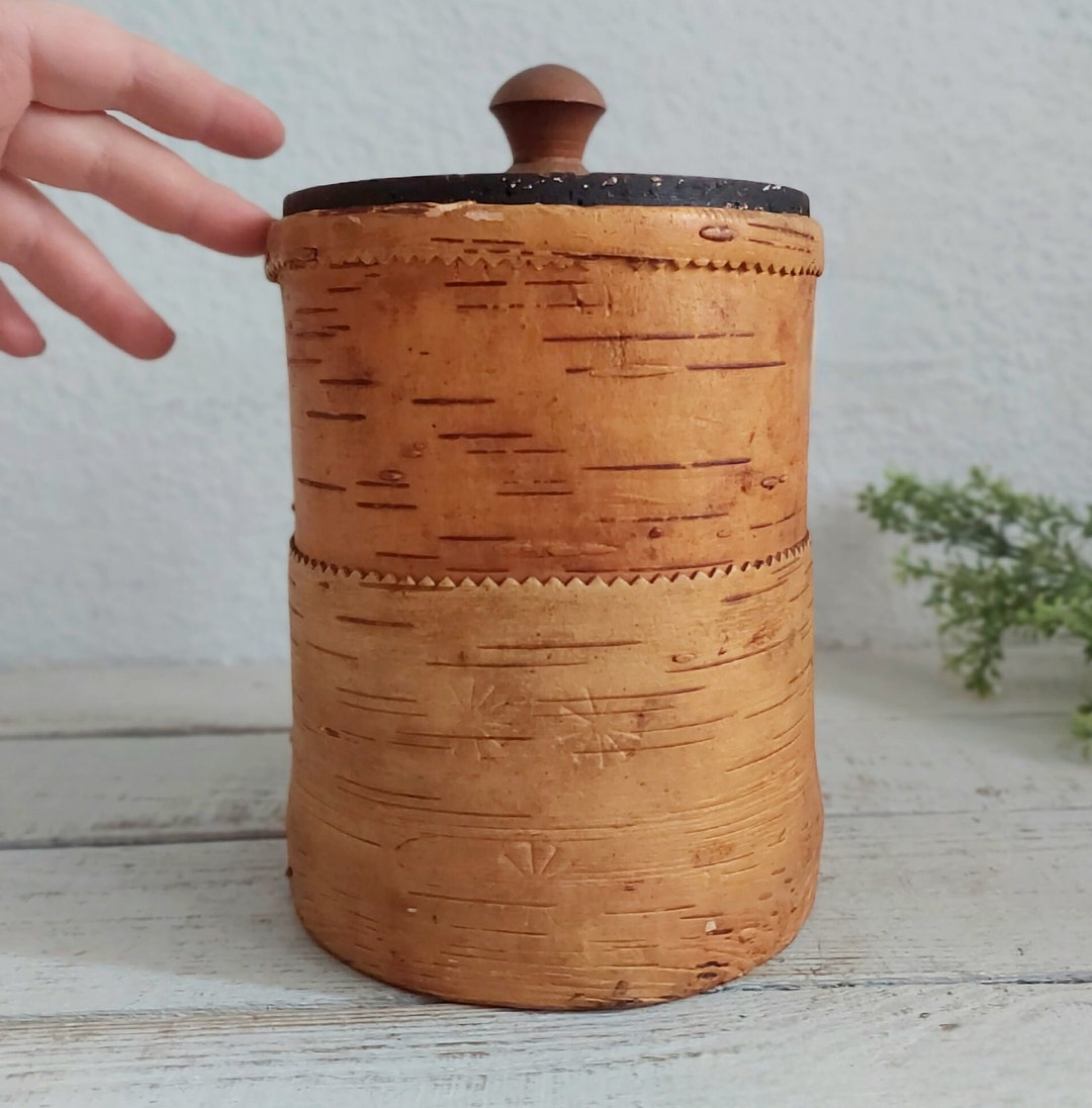 Vintage Birch Bark Jar With Lid Rustic Primitive Hand Carved Kitchen ...