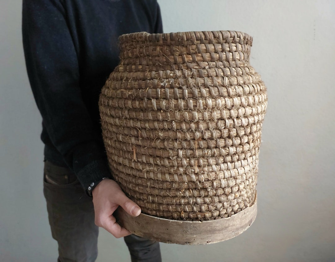 Old Antique Grass Rye Basket With Wooden Bottom. Vintage Grain Storage ...