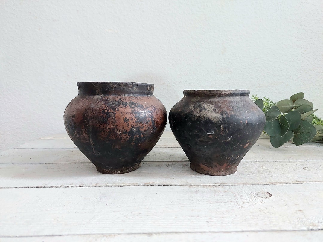 Set of 2 Rustic Ceramic Pot With Farm House Charm. Antique Wabi Sabi ...