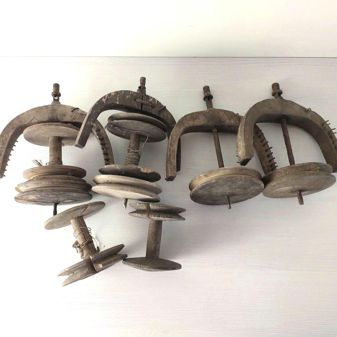 Set of 4 Big Antique Handcrafted Wooden Thread Spools With Holders for ...