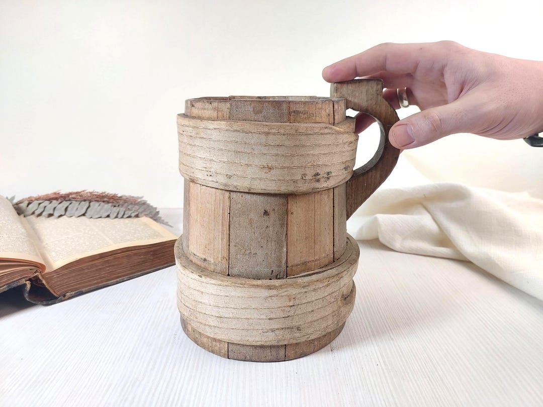 Antique Wooden Jug Rustic Tankard Weathered Wood Mug Cottage Cabin ...