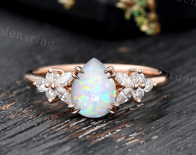 Pear Shaped Opal Engagement Ring Vintage Unique Rose Gold Engagement ...