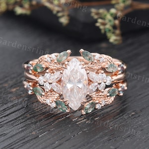 Marquise Cut Moissanite Engagement Ring Set Vintage Moss Agate Wedding Band Rose Gold Enhancer ...