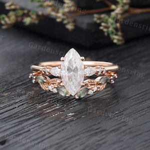 Marquise Cut Moissanite Engagement Ring Set Vintage Rose Gold Diamond Unique Moss Agate Wedding ...